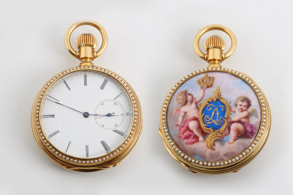 Avance Retard 18k Gold Pocket Watch with Enamel Face Pearl Accents (12 ...